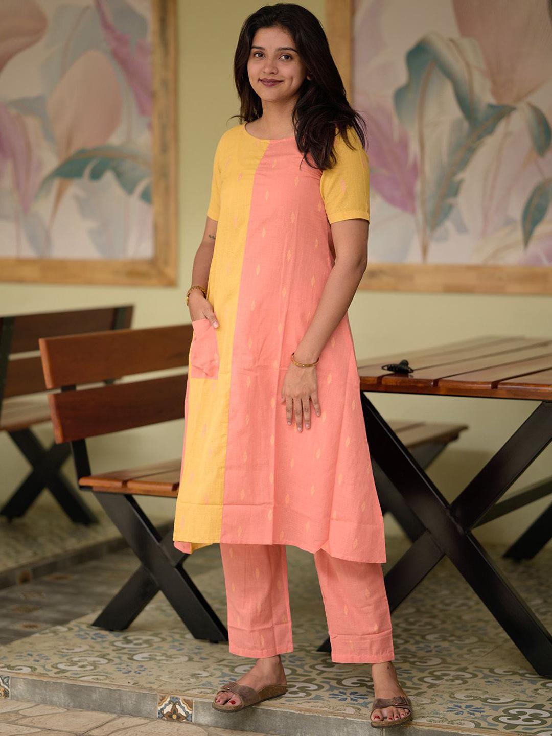 Buy Vastara The Label Geometric Printed Round Neck Pure Cotton Kurta ...
