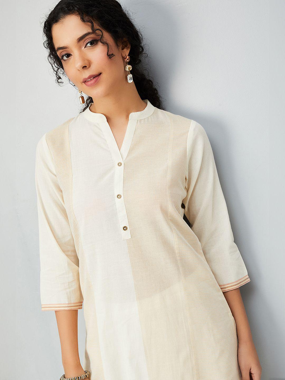 Buy Max Striped Woven Design Mandarin Collar Pure Cotton Straight Kurta ...