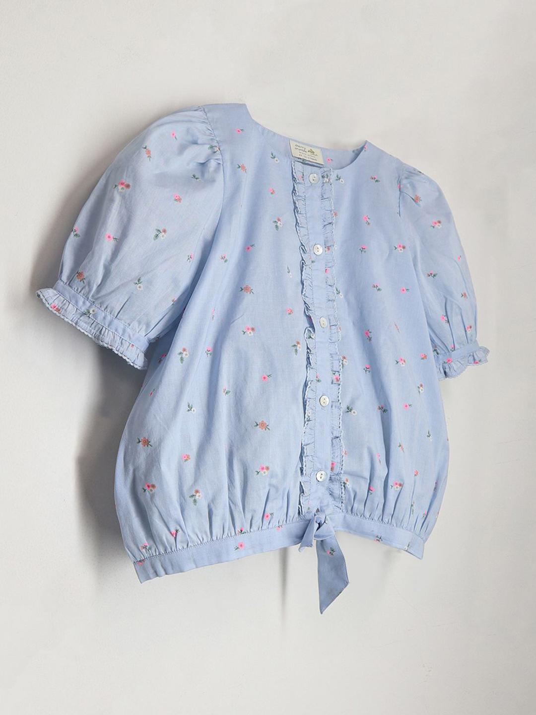Buy Cherry Crumble Girls Floral Print Puff Sleeve Cotton Blouson Top ...