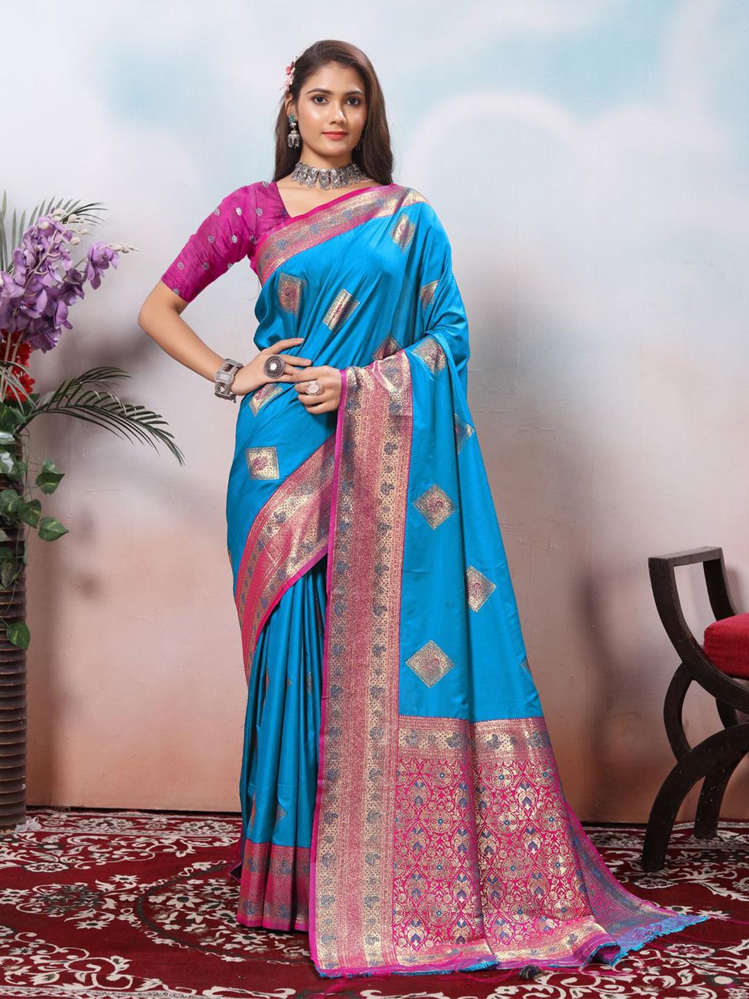 Buy VARNI FABRICS Woven Design Zari Banarasi Saree With Matching Blouse ...