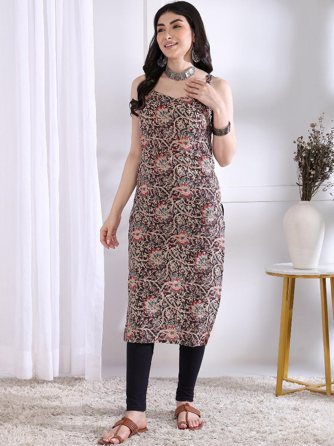Buy KALINI Floral Printed Shoulder Straps Straight Kurta - Kurtas for ...