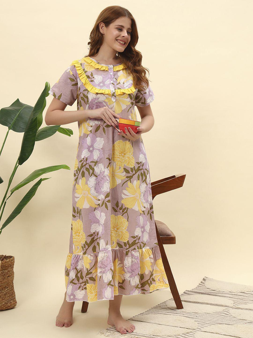 Buy SEPHANI Floral Printed Pure Cotton Midi Nightdress - Nightdress for ...
