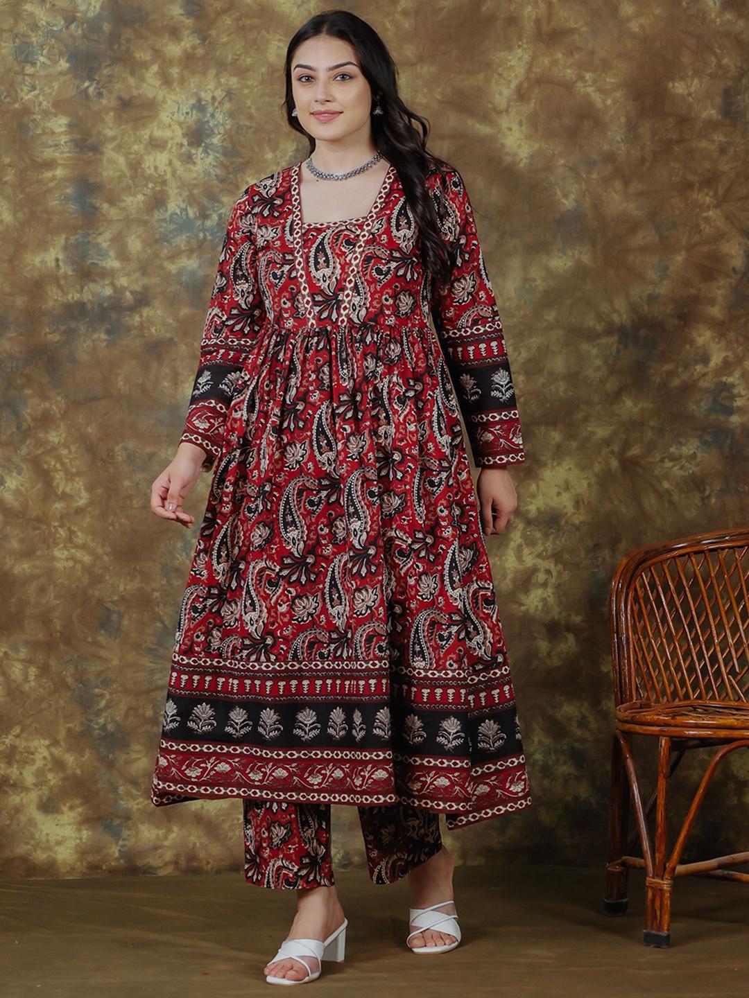 Buy Aramya Anarkali Printed Panelled Patchwork Pure Cotton Kurta With ...