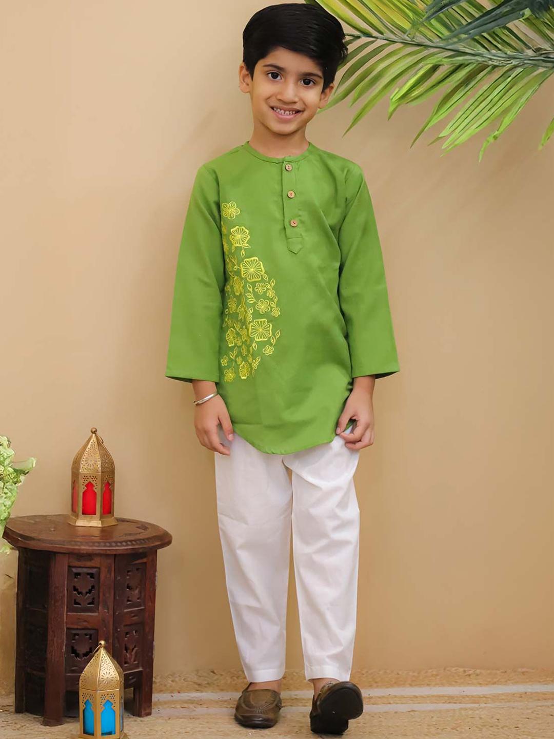 Buy LITTLE GINNIE Boys Ethnic Motif Embroidered Pure Cotton Kurta With ...