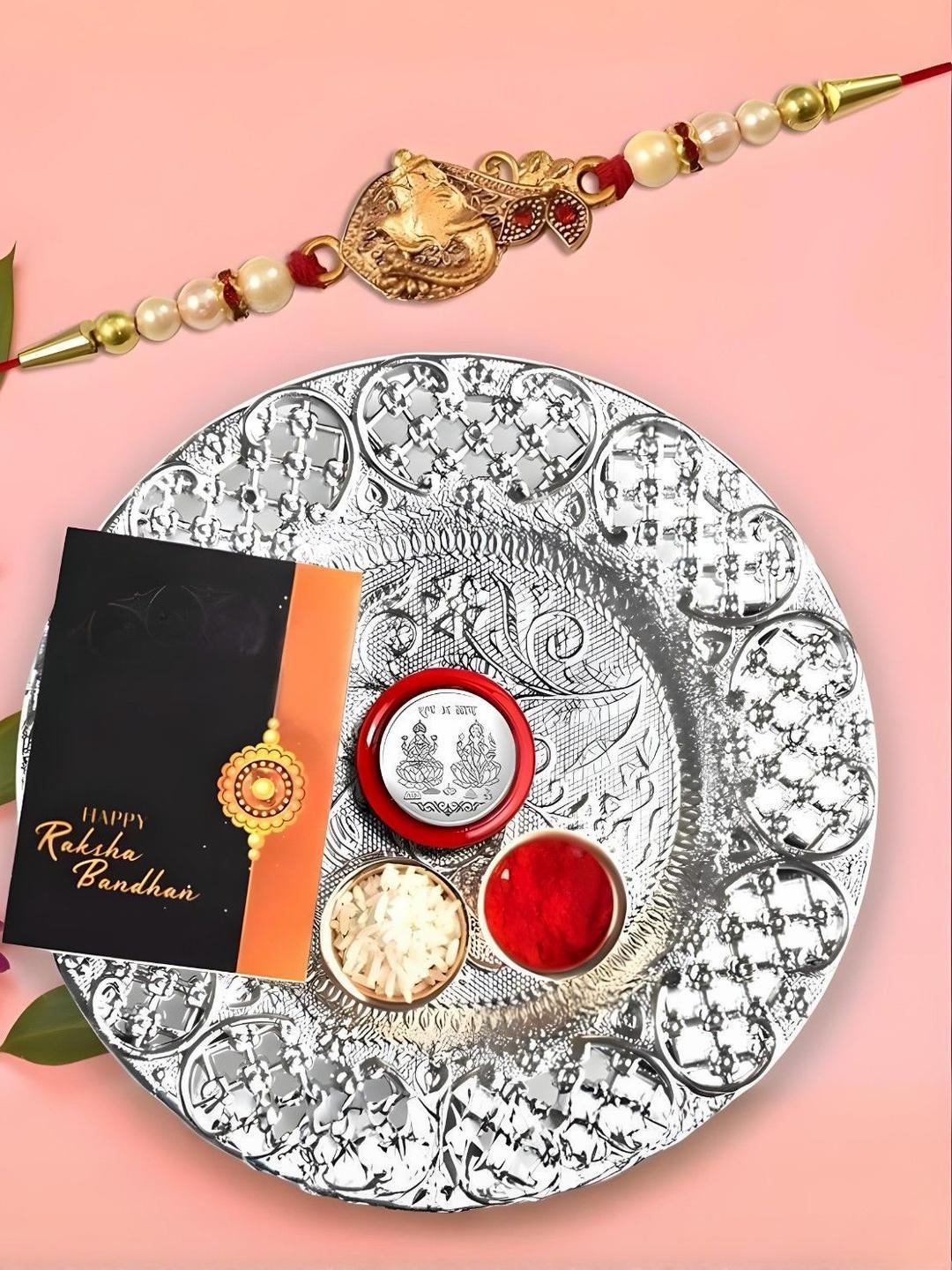 Buy Rakhi Combo With Silver Color Pooja Thali, Pooja Coin, Roli Chawal ...