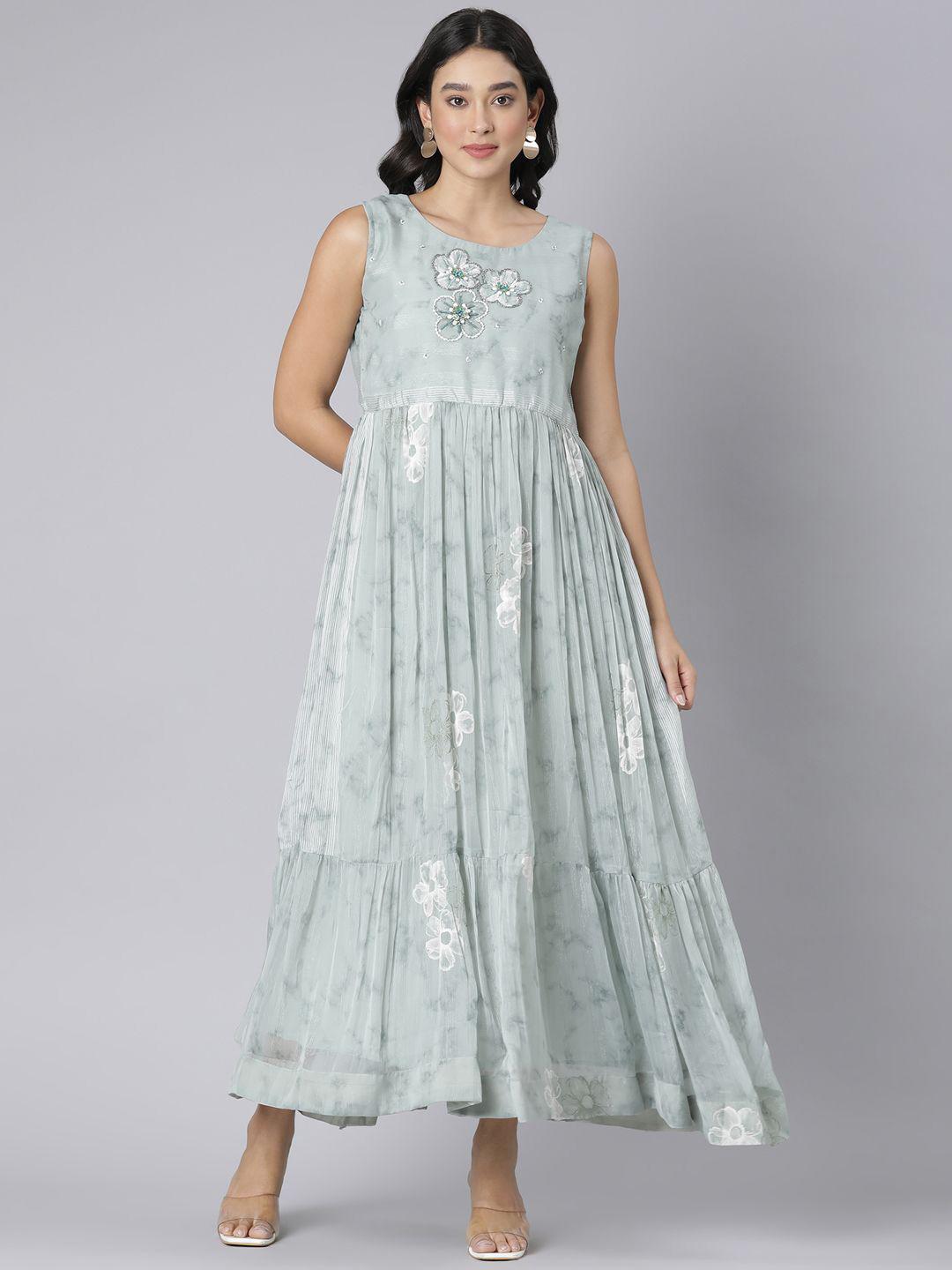 Buy Neerus Women Floral Print Embellished Fit And Flare Maxi Dress ...