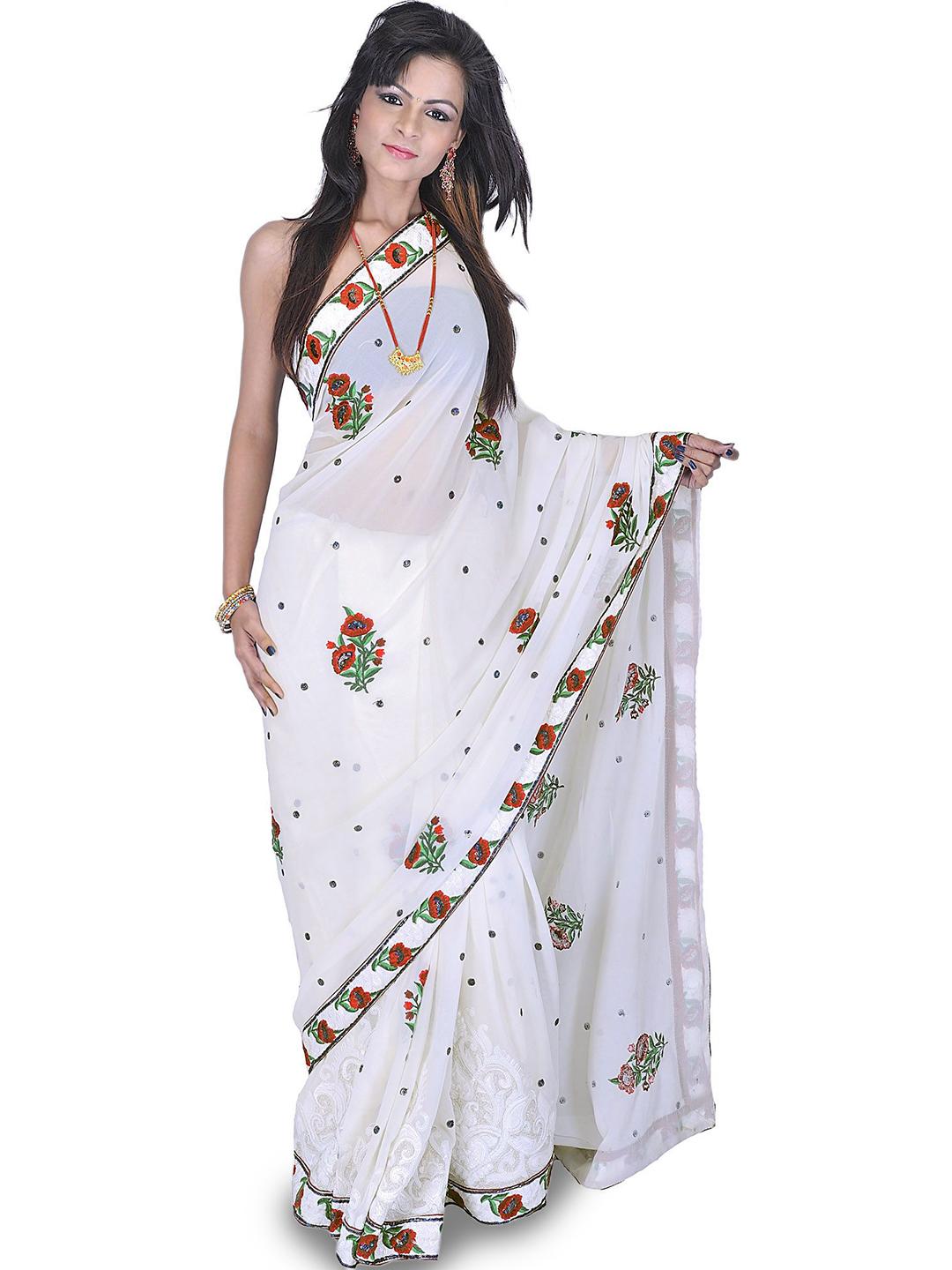 Buy Exotic India Floral Embroidered Net Saree - Sarees for Women ...