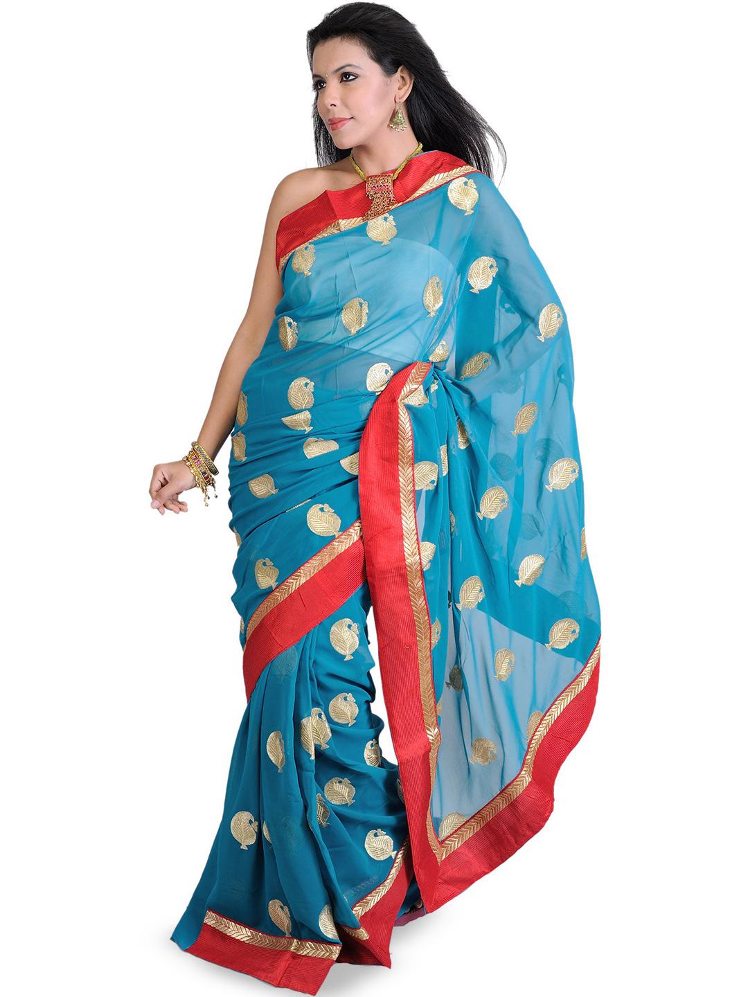 Buy Exotic India Floral Patchwork Pure Chiffon Saree - Sarees for Women ...