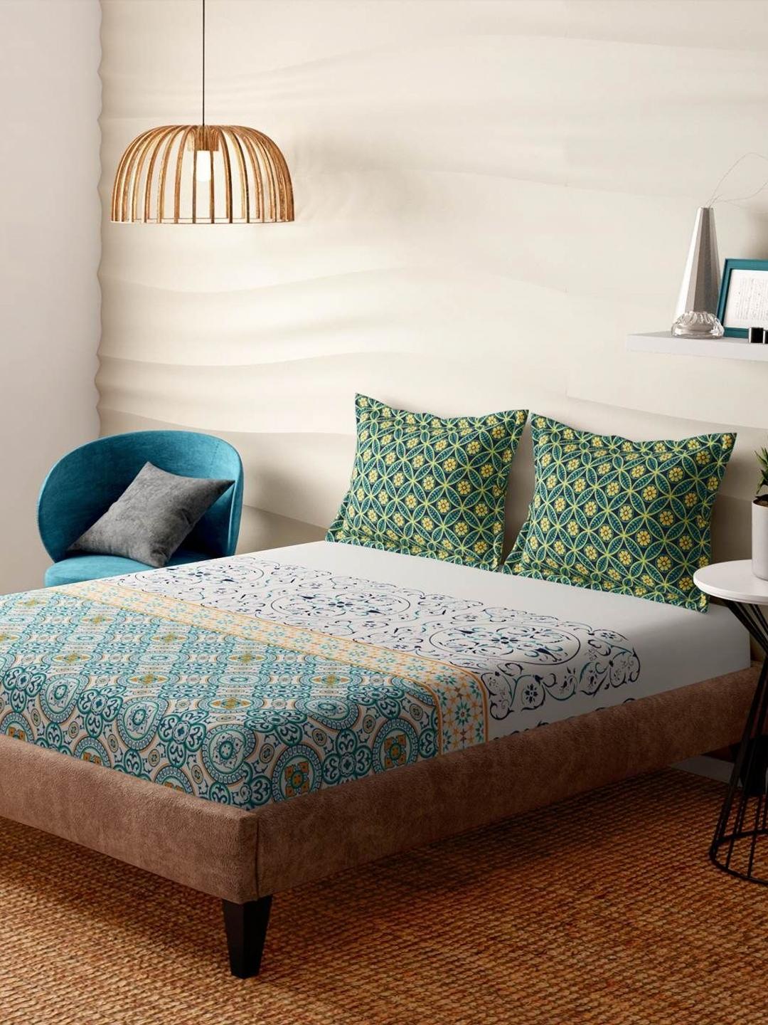 Buy Portico Blue & White Geometric 210 TC Bedsheet With 2 Pillow Covers ...
