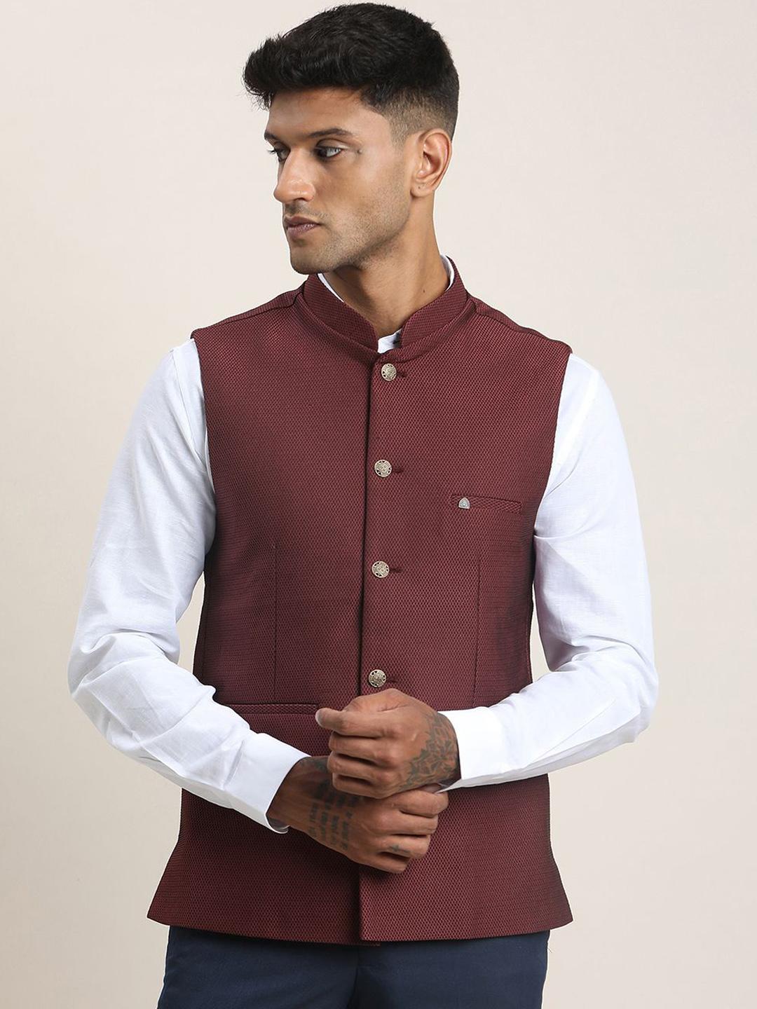 Buy Turtle Woven Design Mandarin Collar NehruJacket - Nehru Jackets for ...