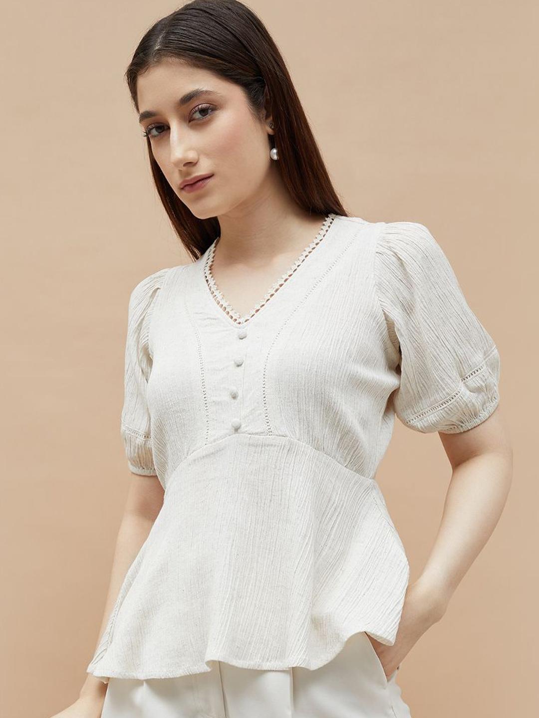 Buy CODE By Lifestyle Women Self Design Puff Sleeve Cotton Top - Tops ...
