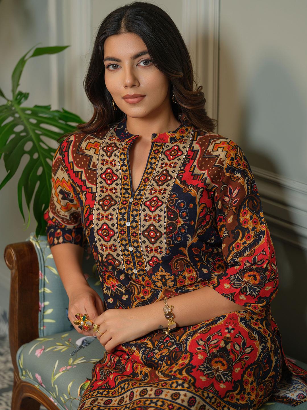 Buy Sangria Ajrak Printed With Embroidered Top With Palazzos Co Ords ...