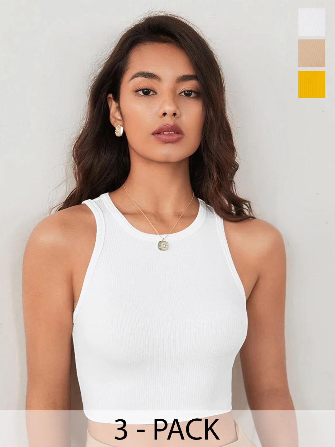 Buy TOOCHKI Pack Of 3 Solid Body Hugging Lycra Tank Crop Top - Tops for ...