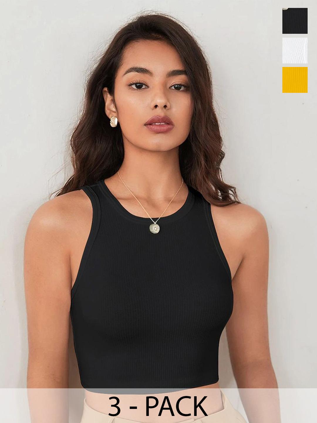 Buy TOOCHKI Pack Of 3 Solid Body Hugging Lycra Tank Crop Top - Tops for ...
