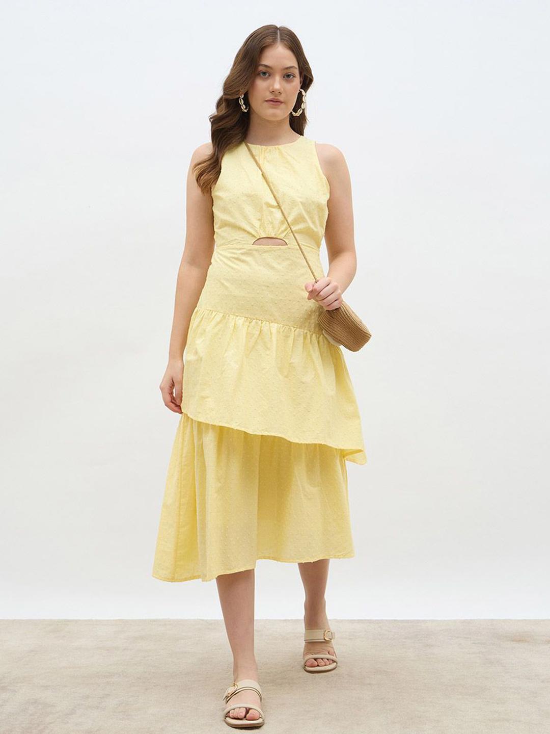 Buy Styli Women Yellow Self Design Sleeveless Cut Out Layered Cotton A ...