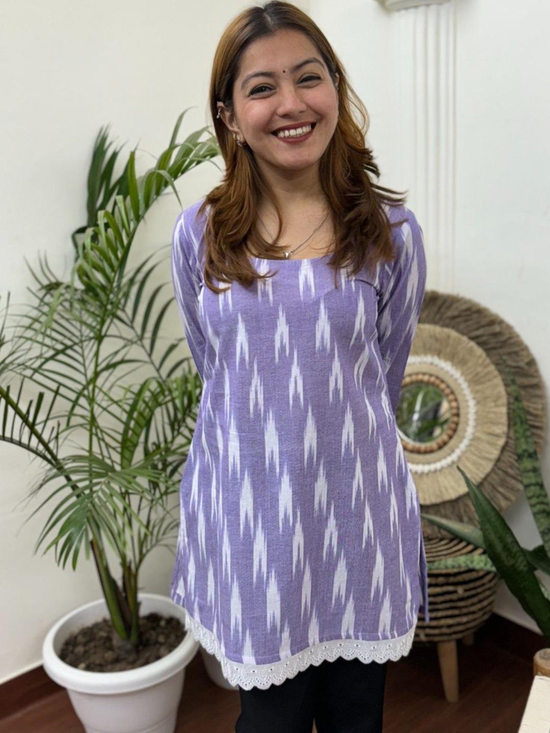 Buy SHRIYANI Women Ikat Printed Schiffli Border Pure Cotton Kurti ...