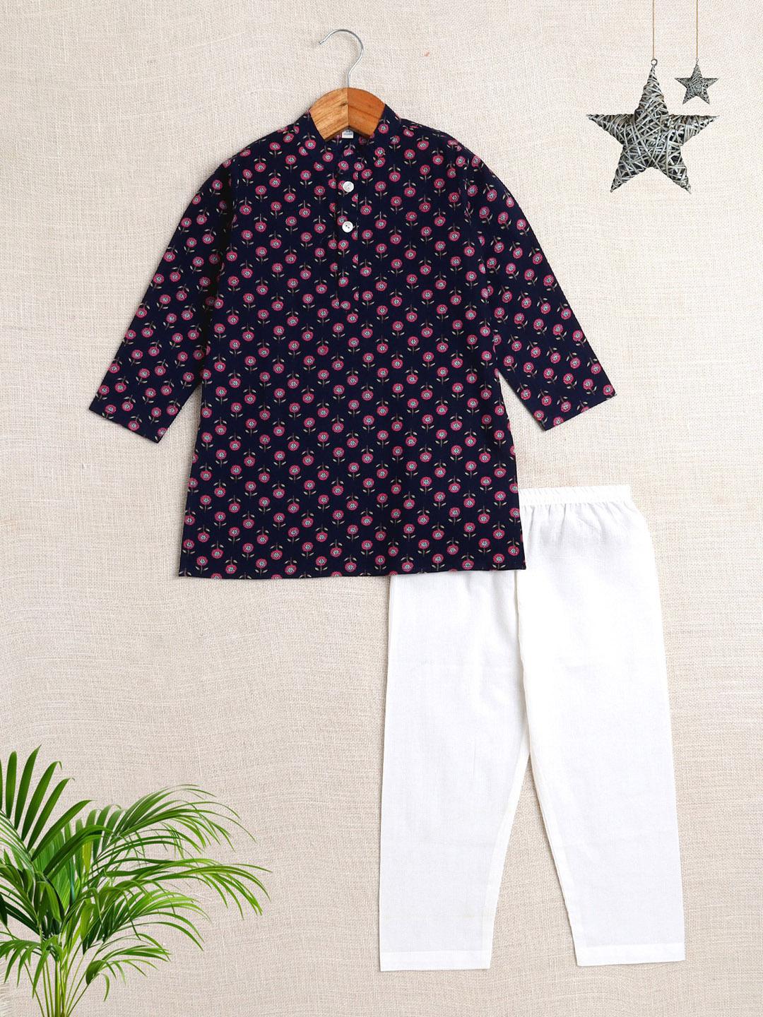 Buy The Magic Wand Boys Floral Printed Cotton Kurta With Pyjamas ...