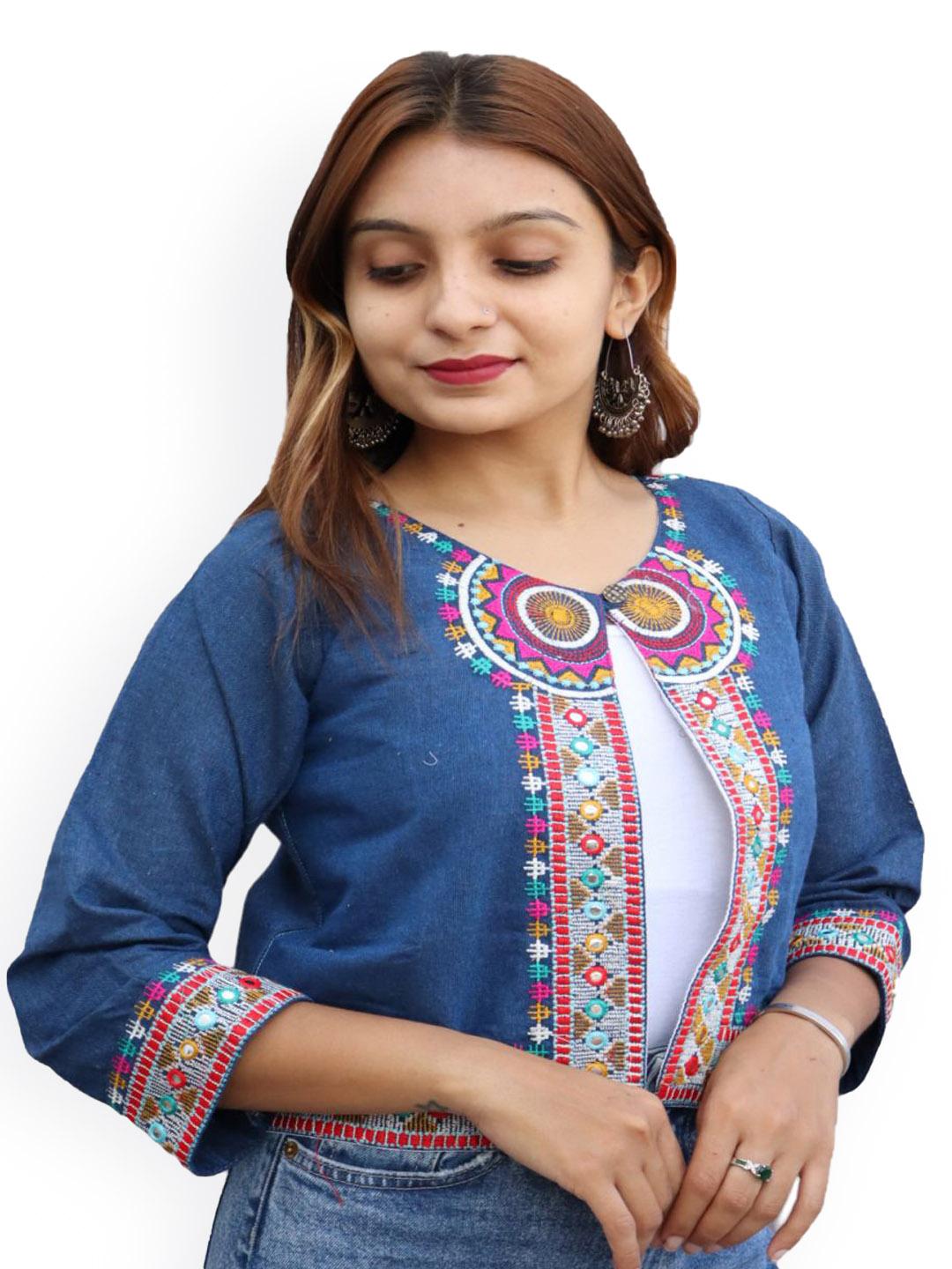 Buy Prijam Ethnic Motifs Embroidered Cotton Crop Open Front Shrug ...