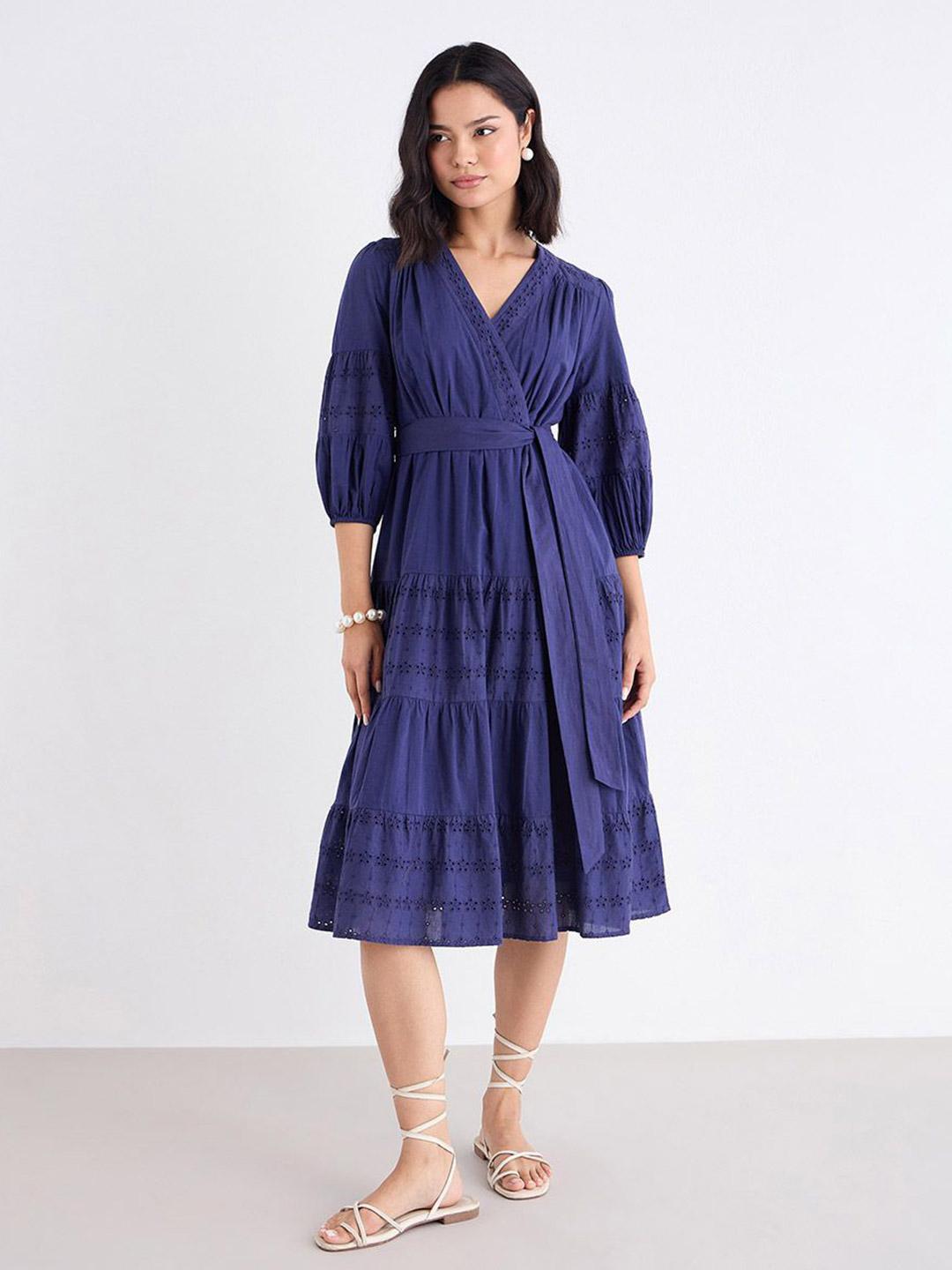 Buy Styli Women Self Design Tiered Schiffli Puff Sleeve Wrap Midi Dress ...