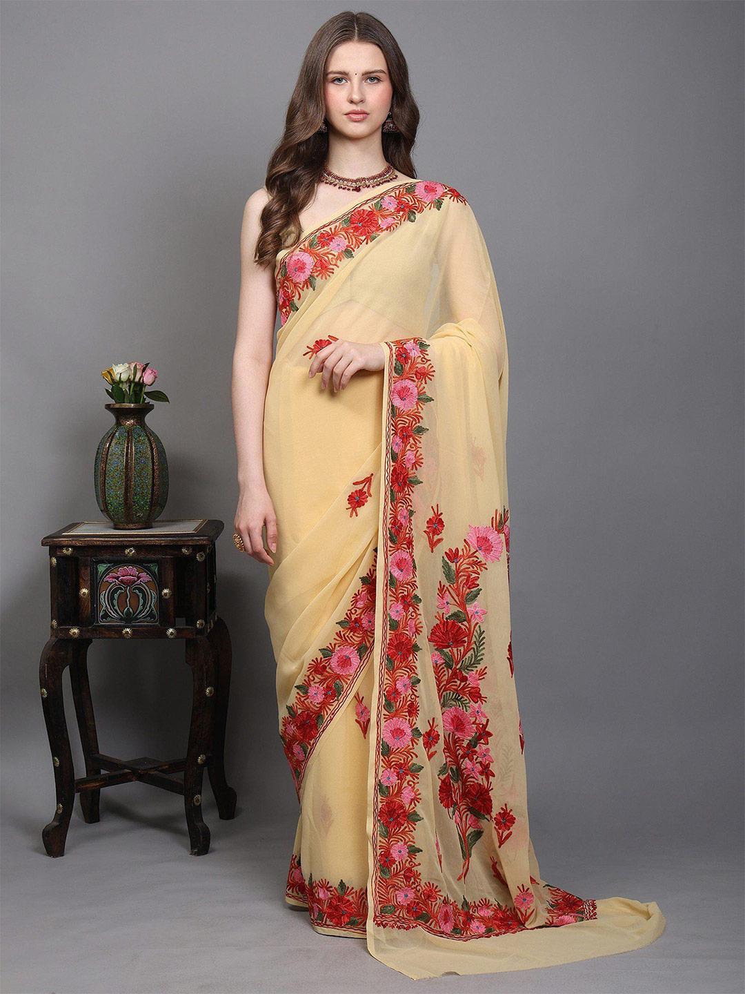Buy Exotic India Floral Kashida Embroidered Pure Georgette Saree ...