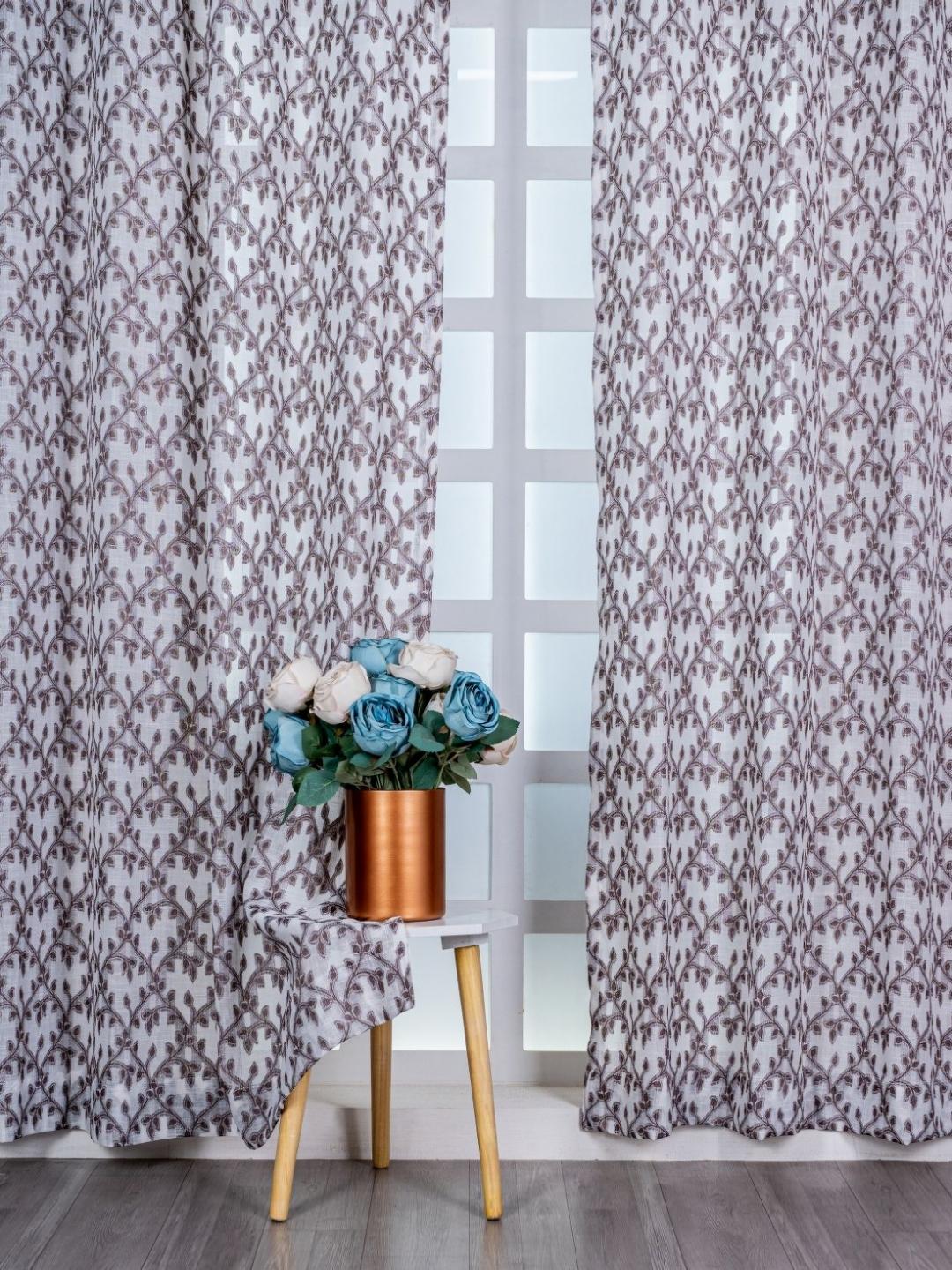 Buy Parda Online White & Brown 4 Pieces Floral Printed Linen Window ...