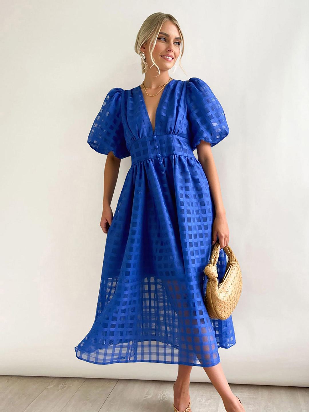 Buy Bebe Women Checked Puff Sleeves A Line Maxi Dress - Dresses for ...