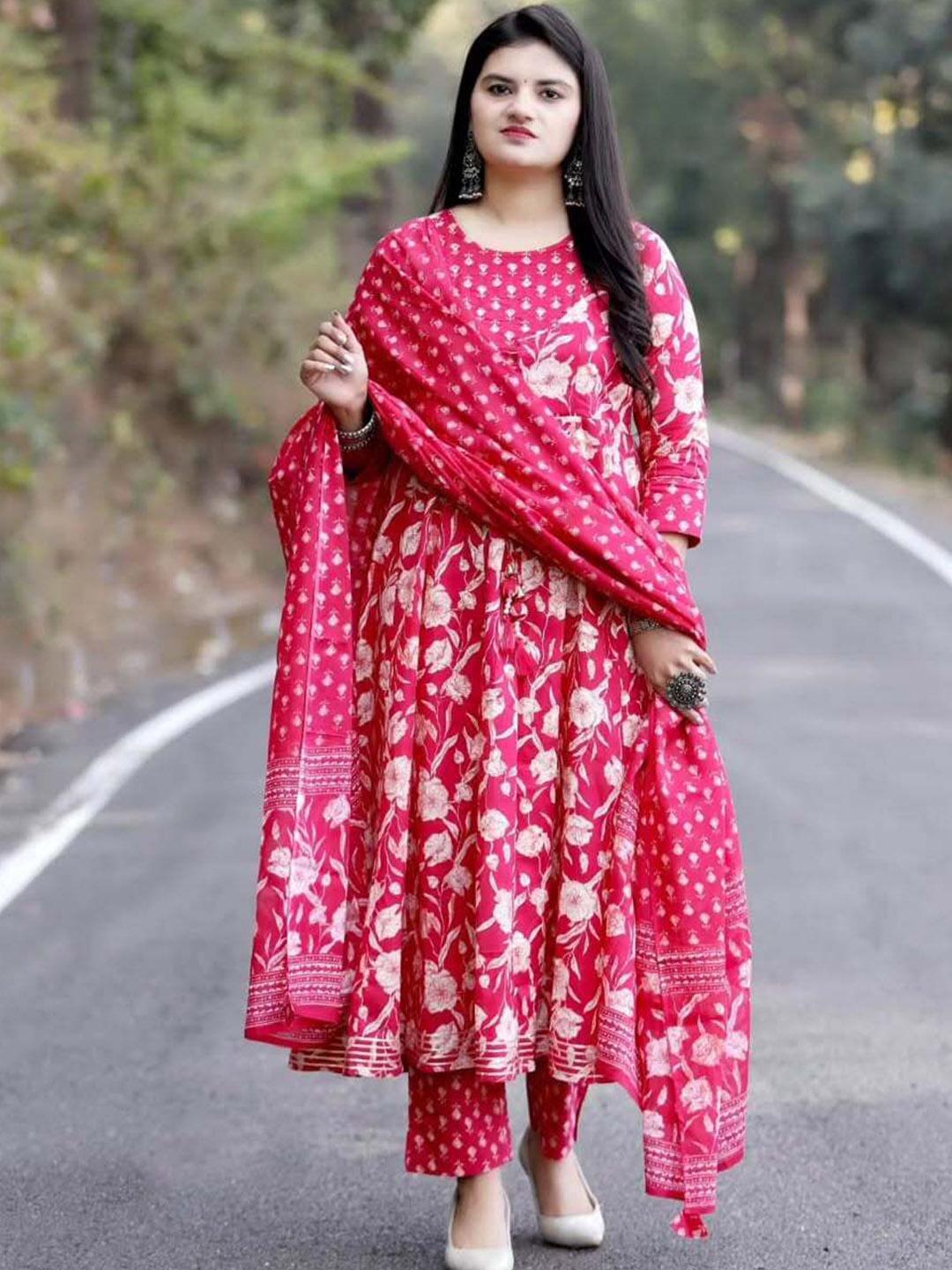 Buy YUSRA Floral Printed Empire Mirror Work Anarkali Kurta With Trouser ...