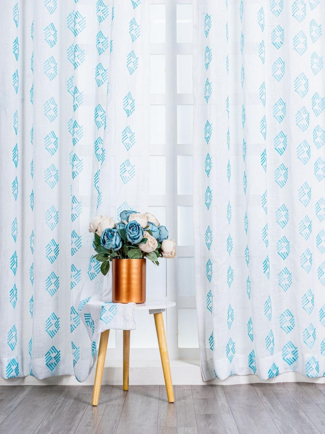Buy Parda Online Turquoise Blue & White 2 Pieces Geometric Printed ...