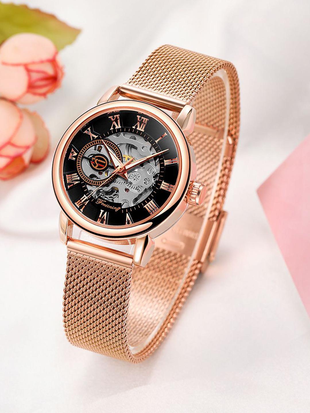 Buy FORSINING Women Skeleton Wristwath With Stainless Steel Mesh Band ...