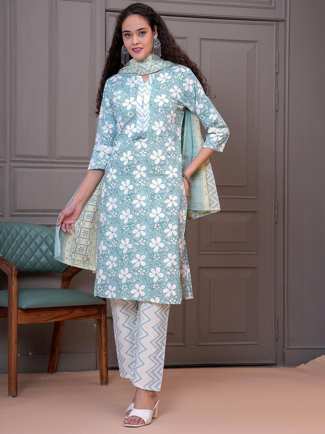 Buy OH MI DIOS Floral Printed Notch Neck Pure Cotton Straight Kurta ...