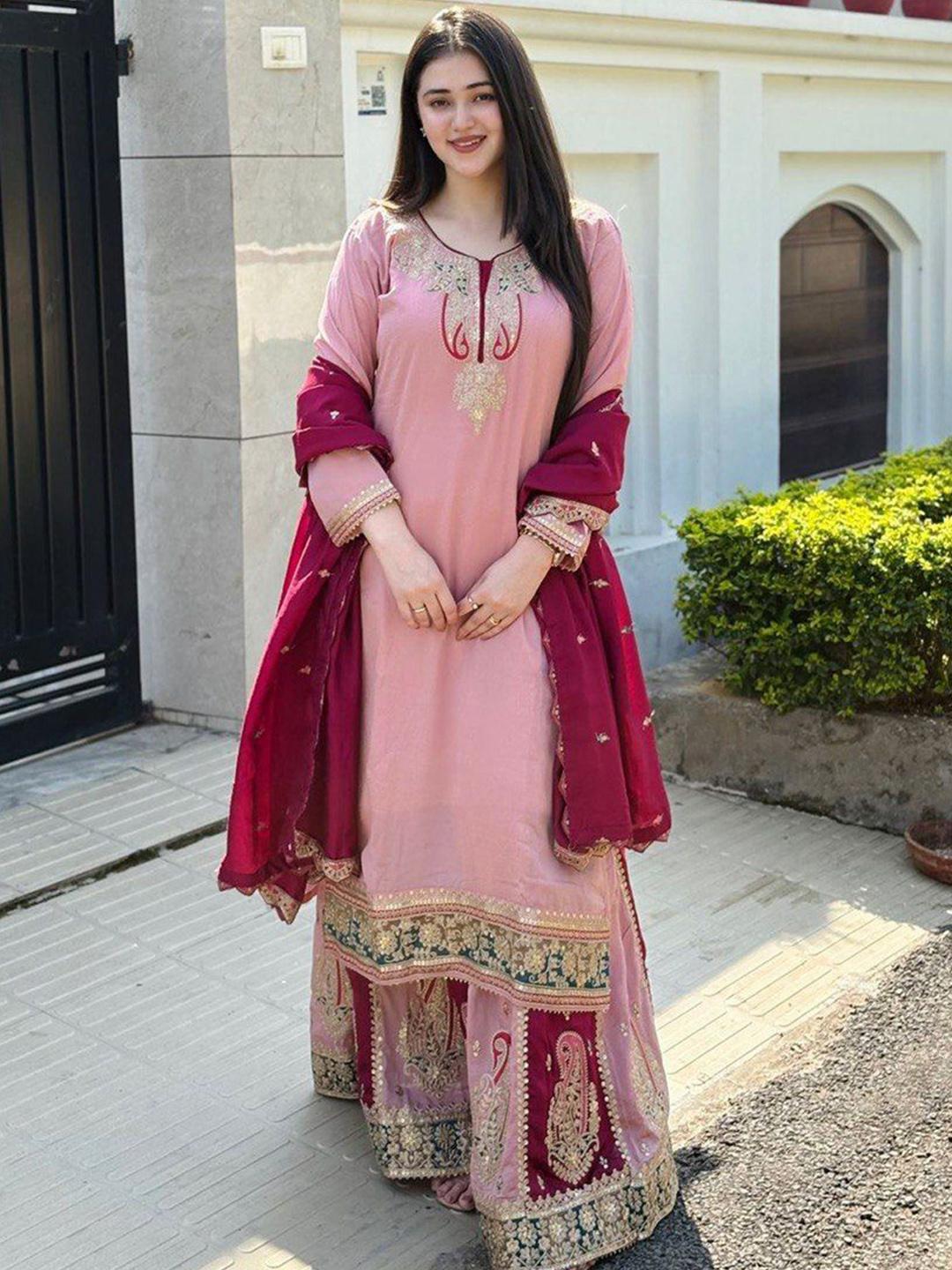 Buy CRAFTLE Floral Embroidered Thread Work Georgette Straight Kurta With Palazzo & Dupatta ...