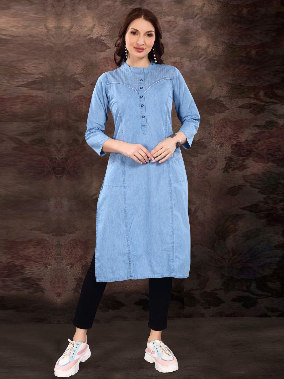 Buy SK Creation Women Mandarin Collar Denim Straight Kurta - Kurtas for ...