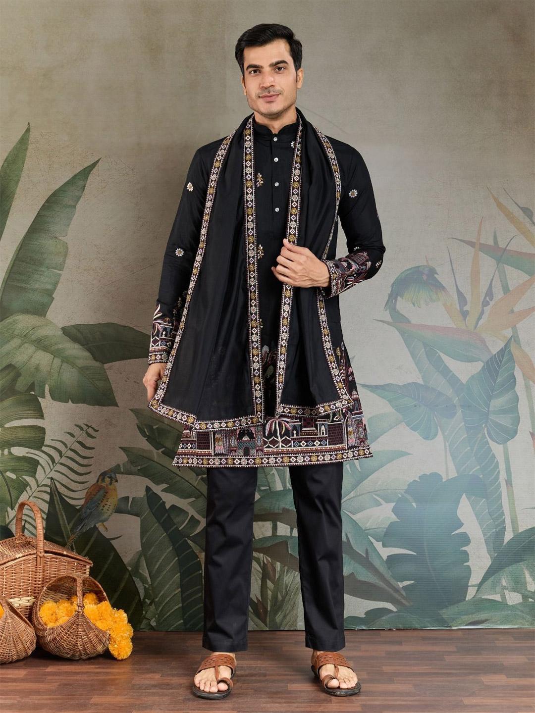Buy ODETTE Men Pack Of 2 Floral Printed Festive Silk Straight Kurtas ...