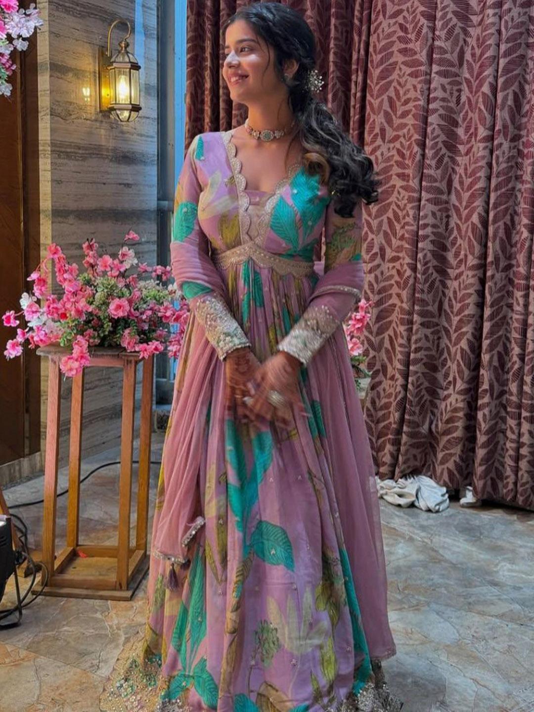 Buy CRAFTLE Floral Embroidered Thread Work V Neck Georgette Anarkali Kurta With Sharara - Kurta ...