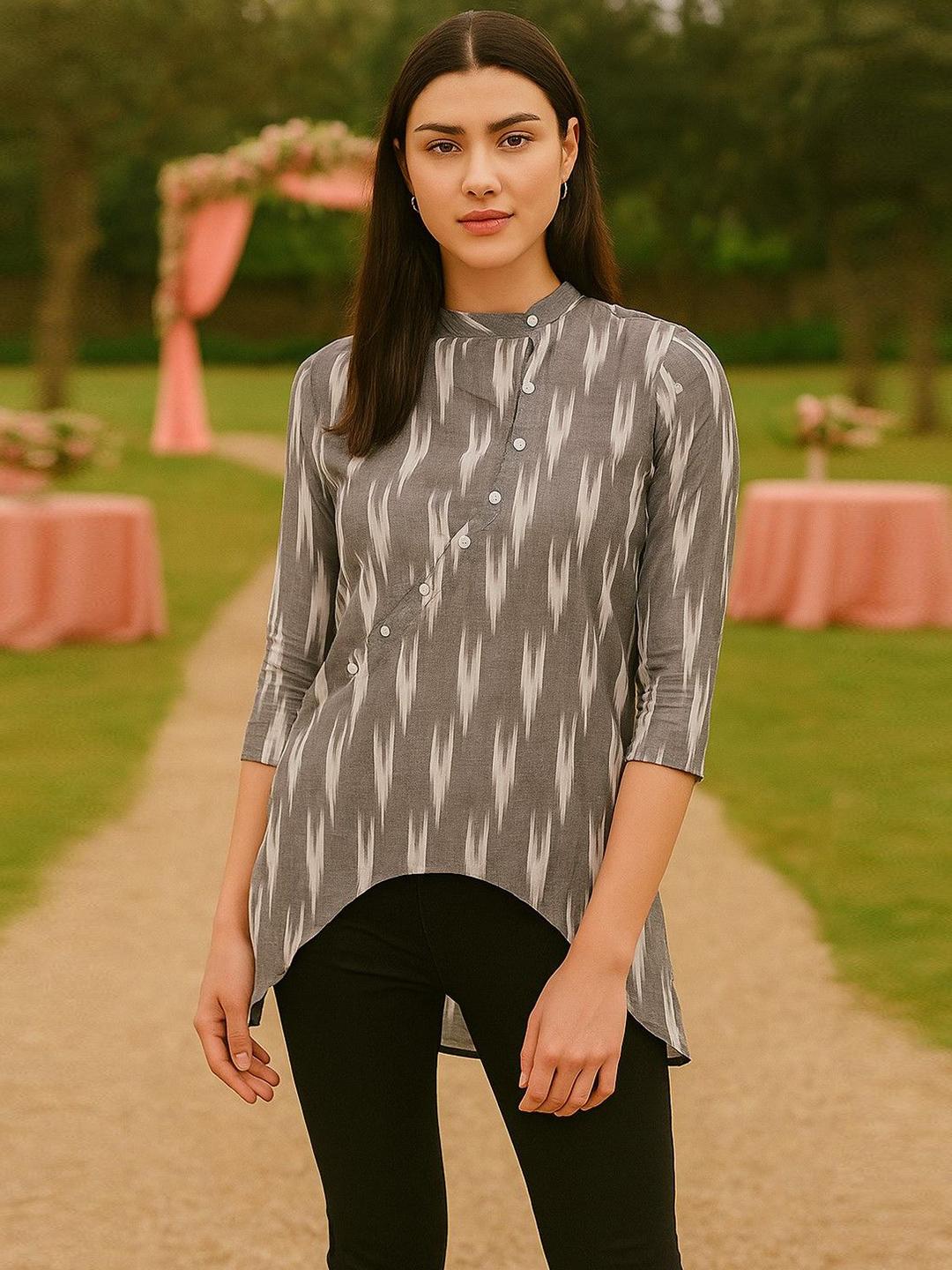 Buy Moda Rapido Ikkat Printed Cotton Mandarin Collar Tunic - Tunics for ...
