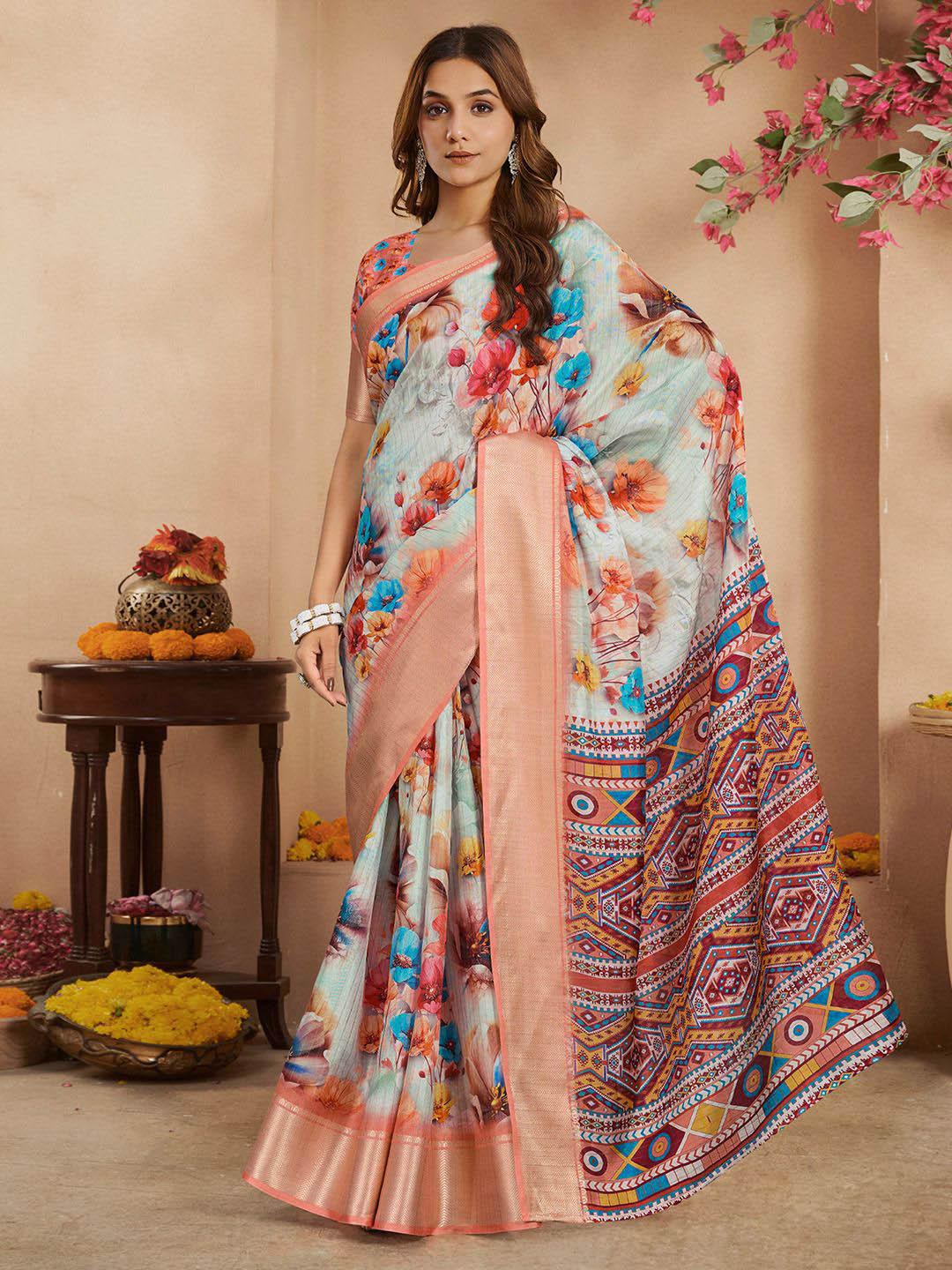 Buy Satrani Floral Printed Zari Ready To Wear Saree - Sarees for Women ...
