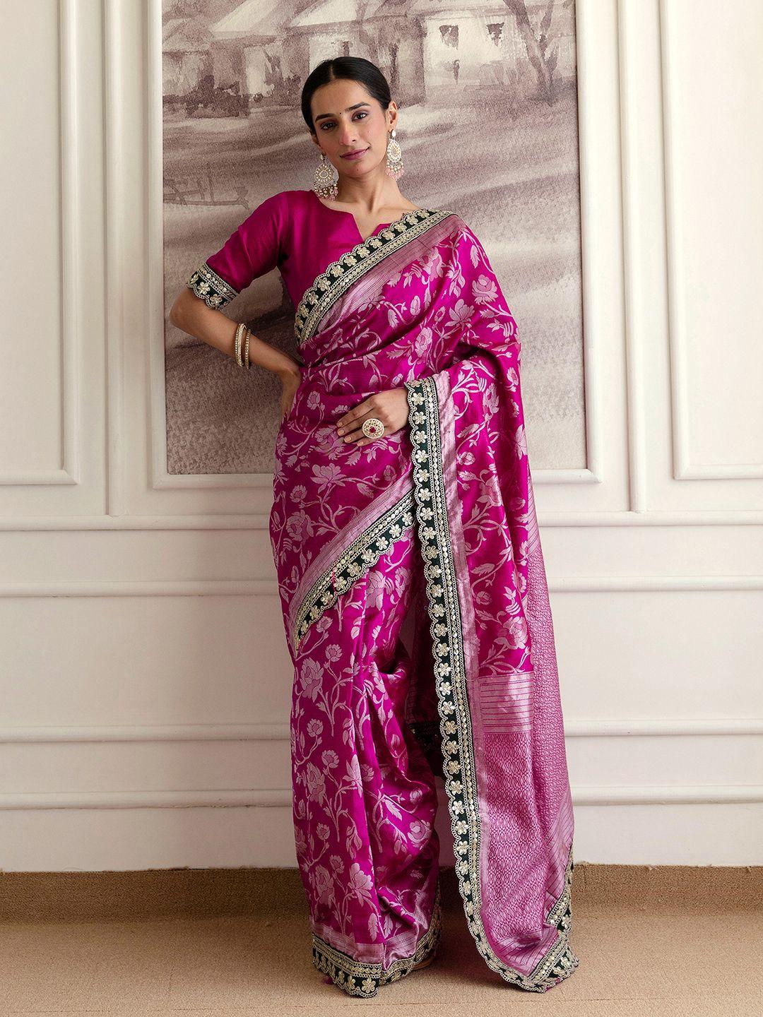 Buy Satrani Floral Woven Design Sequinned Embellished Saree - Sarees ...