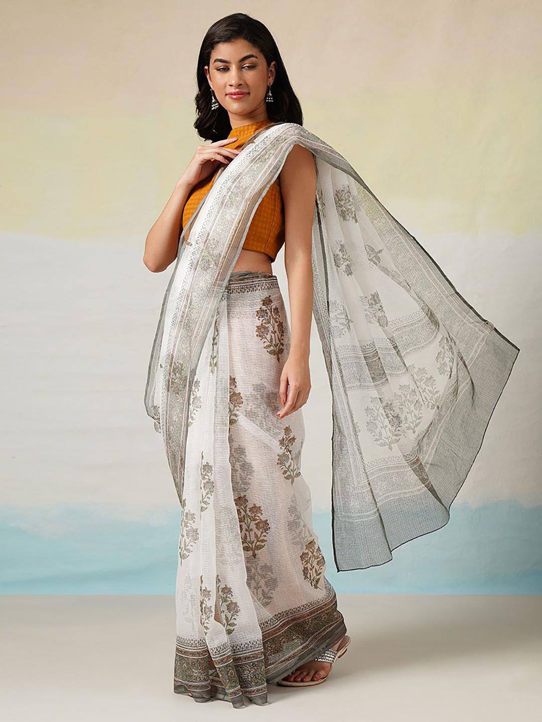 Buy JAYPORE Ethnic Motifs Jute Cotton Block Print Saree - Sarees for ...