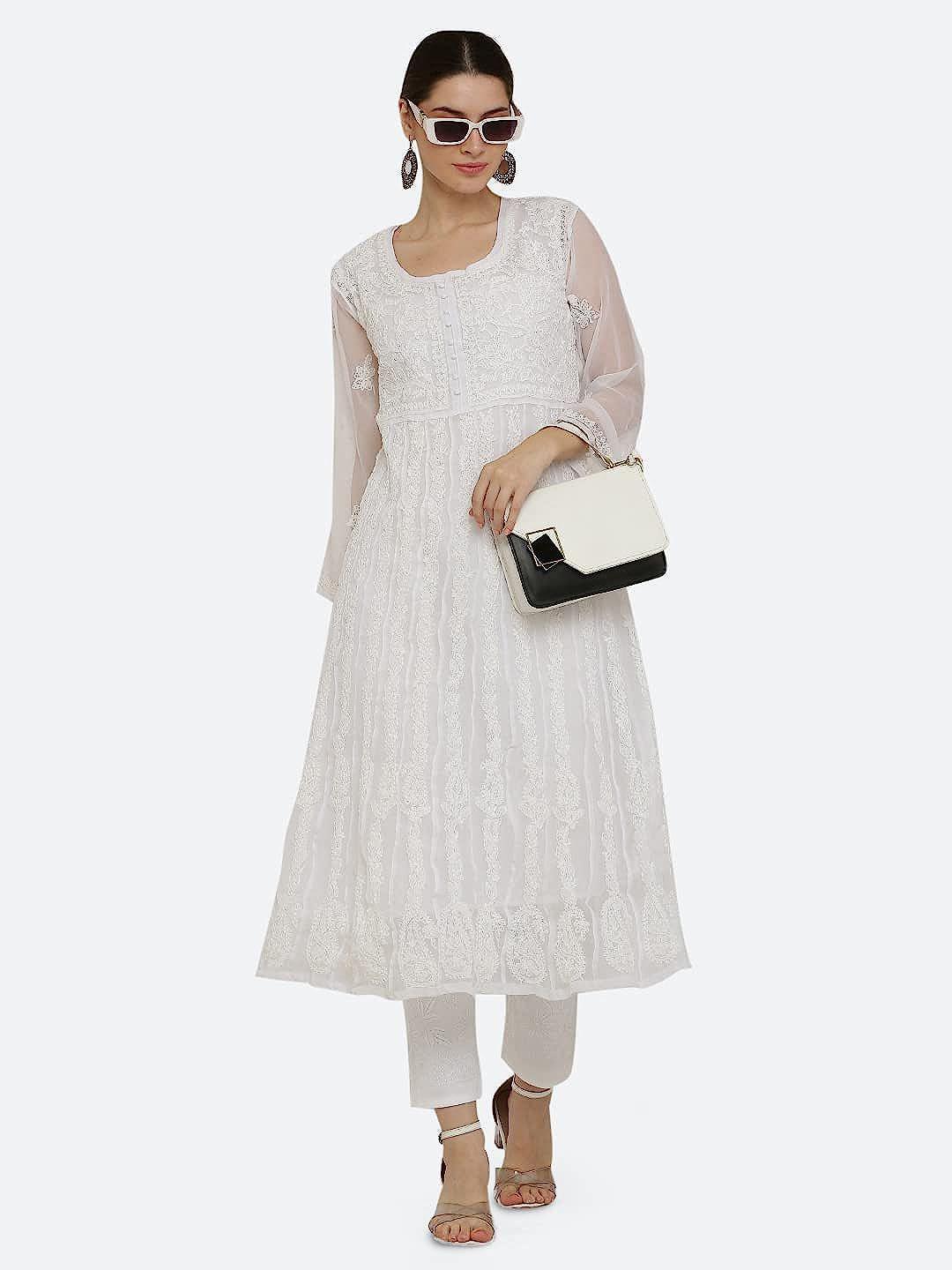 Buy KHAKA Women Ethnic Motif Embroidered Chikankari Anarkali Kurta With ...