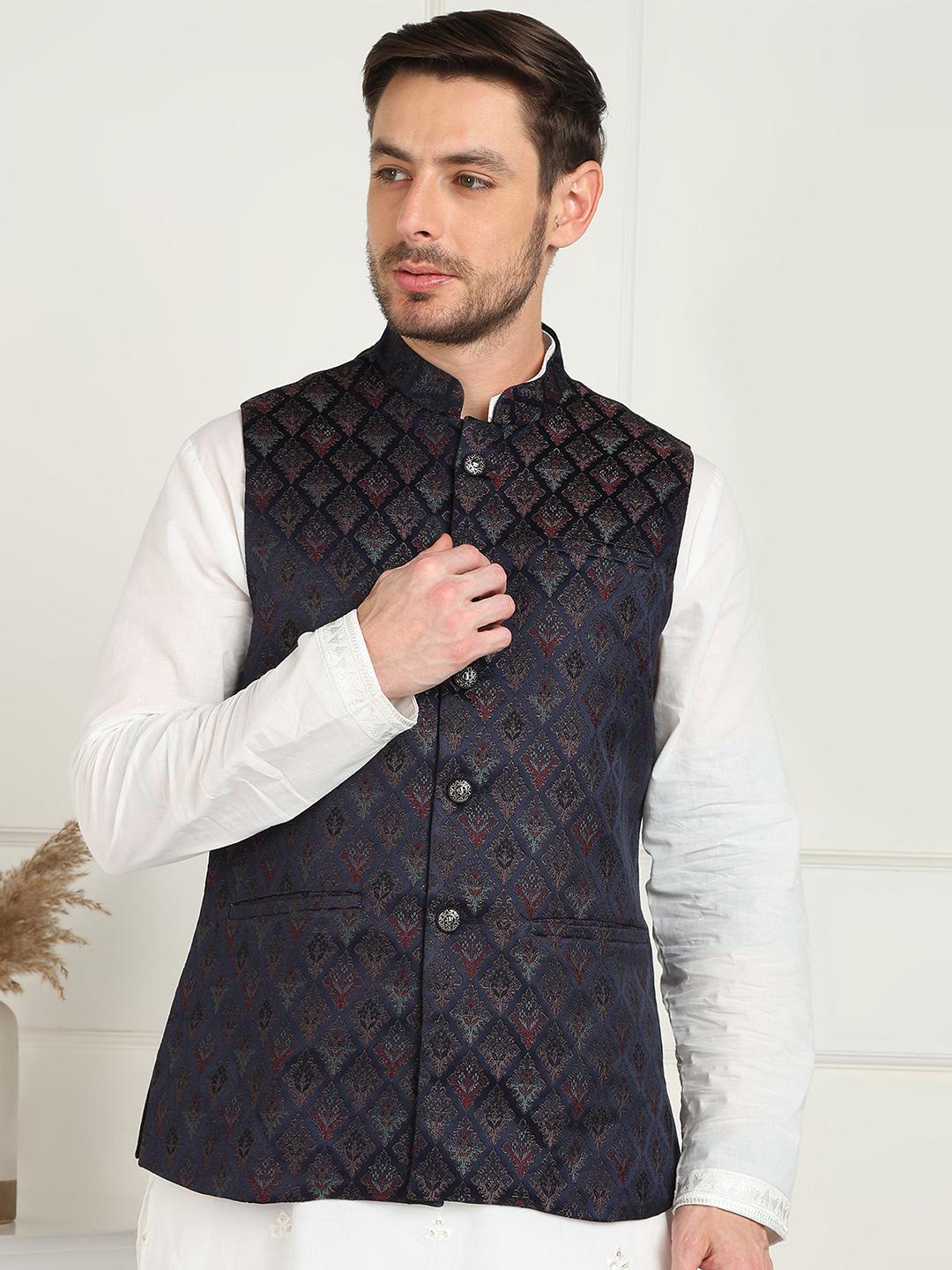 Buy House Of Pataudi Ethnic Motifs Woven Design Mandarin Collar Nehru ...