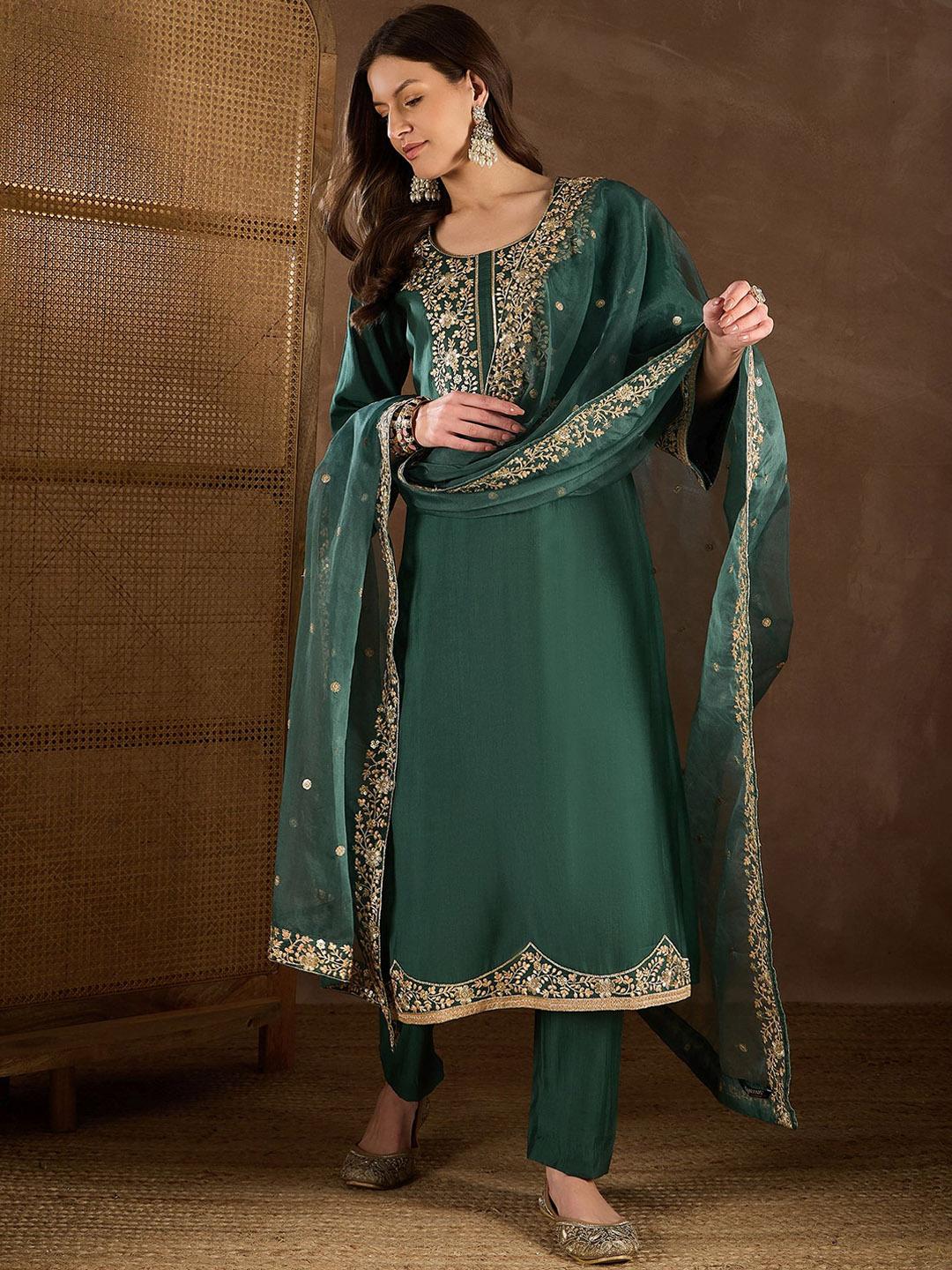 Buy Inddus Women Floral Zari And Sequinned Embroidered Kurta Set With ...