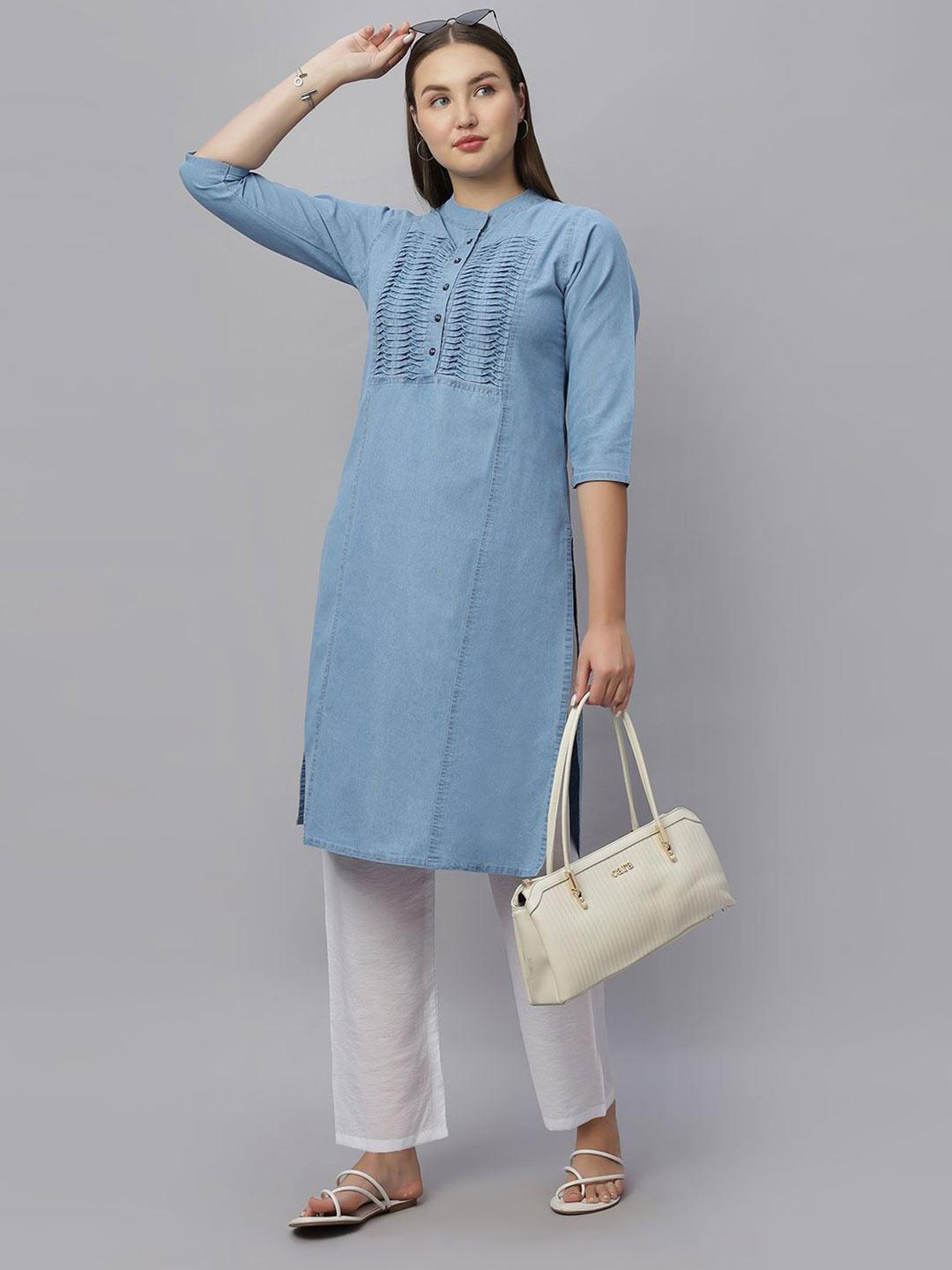 Buy SK Creation Women Mandarin Collar Denim Straight Kurta - Kurtas for ...