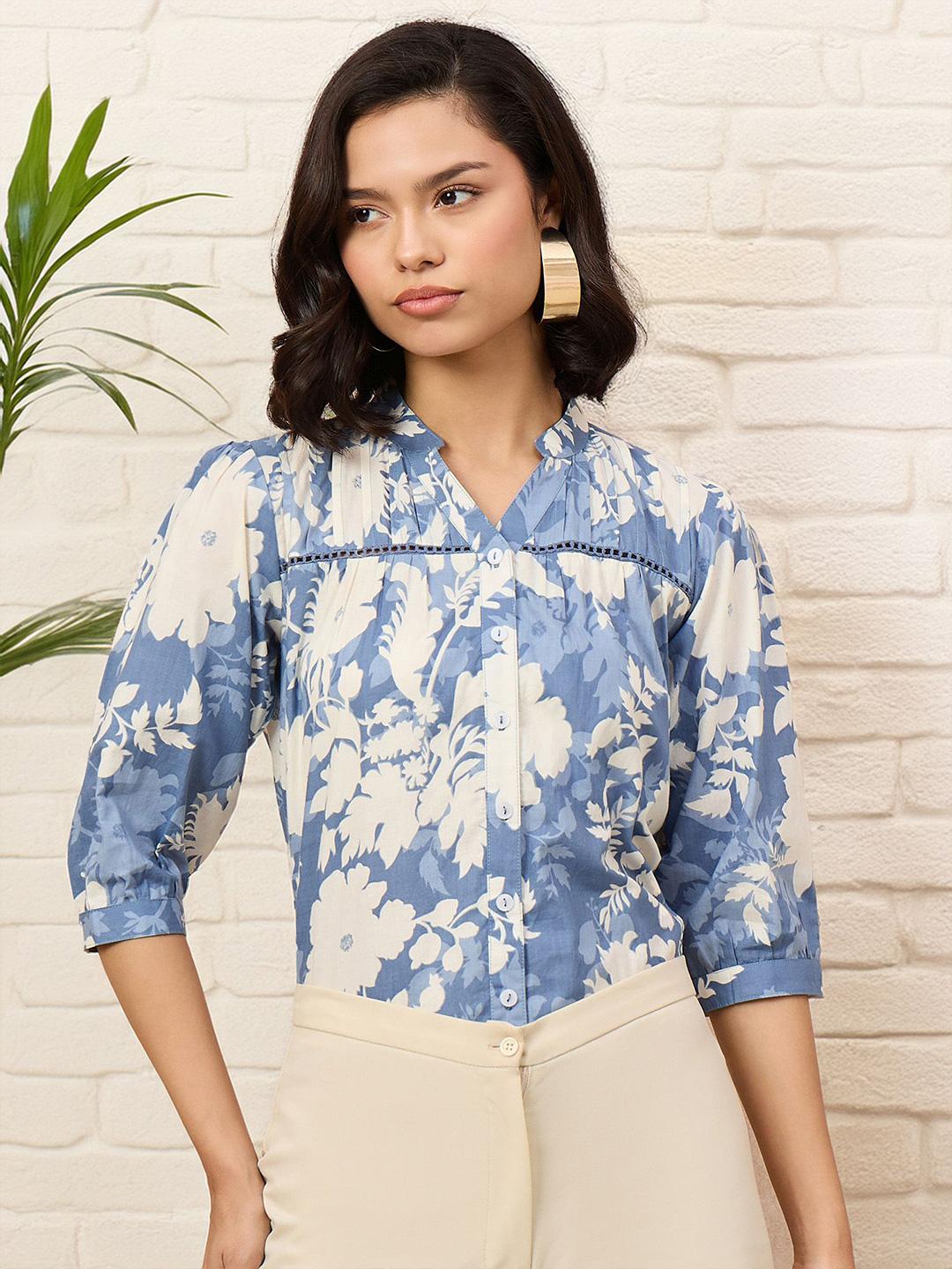 Buy Moda Rapido Women Floral Print Mandarin Collar Puff Sleeve Cotton ...