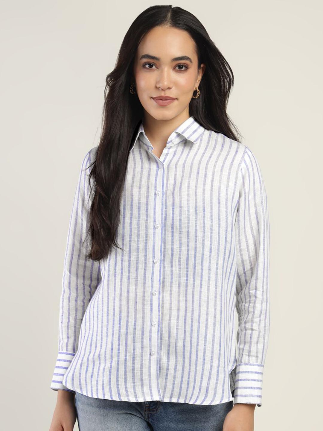 Buy Hancock Striped Spread Collar Pure Linen Oversize Formal Shirt ...