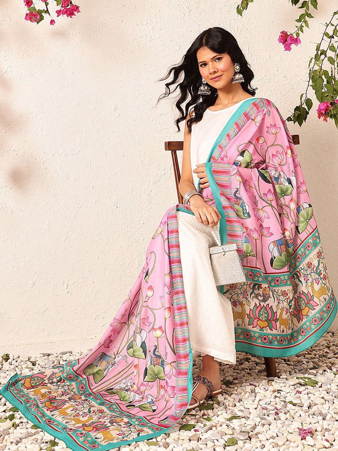 Buy Silk Land Pen Kalamkari Mul Cotton Digital Printed Dupatta ...