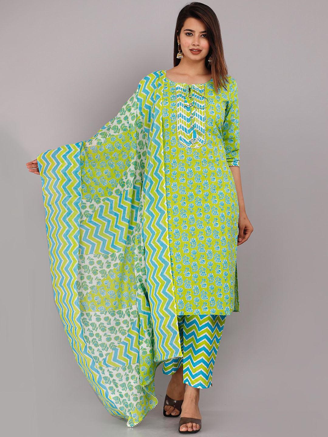 Buy OH MI DIOS Floral Printed Tie Up Neck Pure Cotton Straight Kurta ...