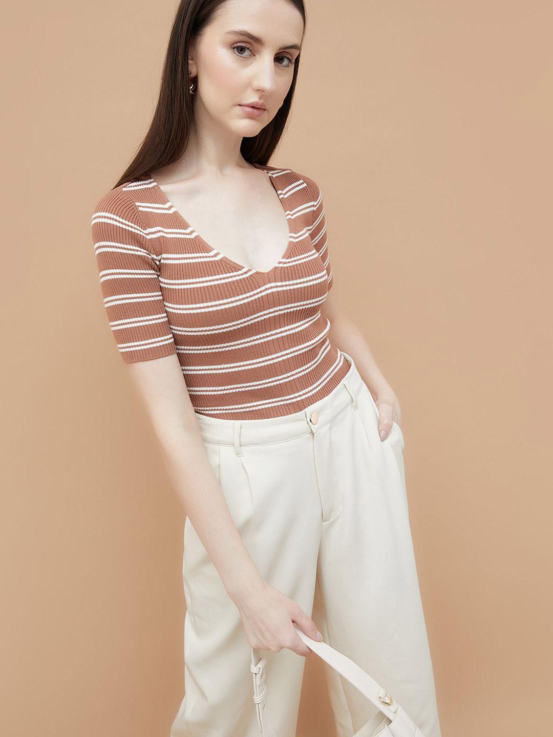 Buy CODE By Lifestyle Horizontal Striped V Neck Fitted Top - Tops for ...