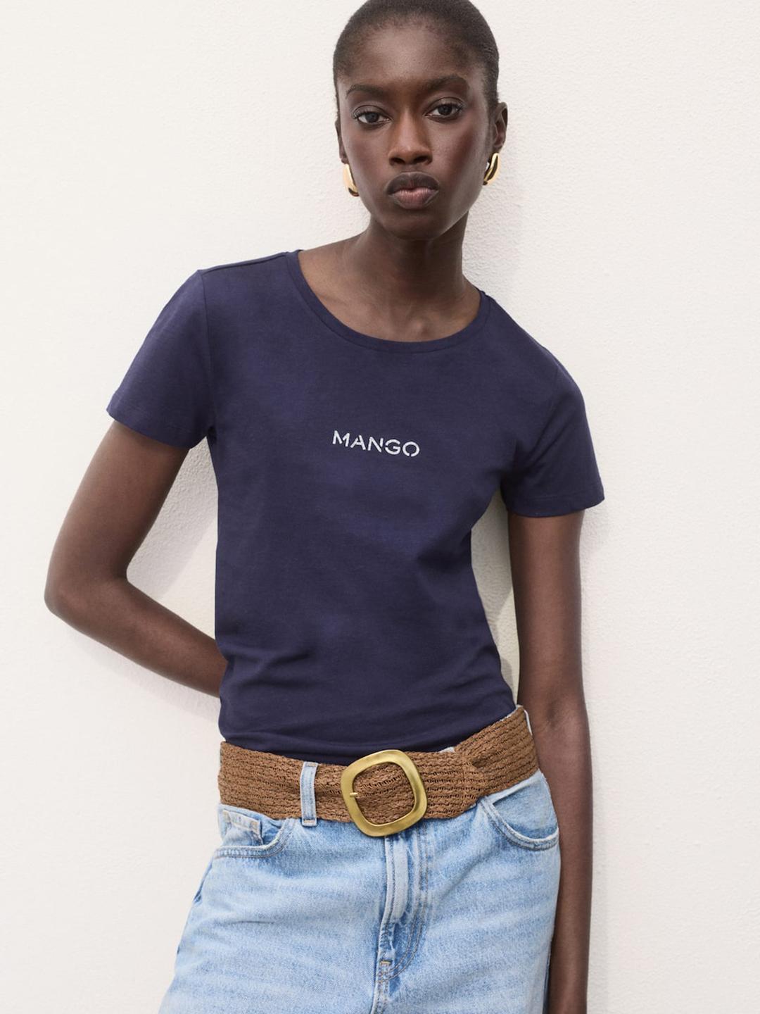 Buy MANGO Women Brand Logo Printed Pure Cotton T Shirt - Tshirts for ...
