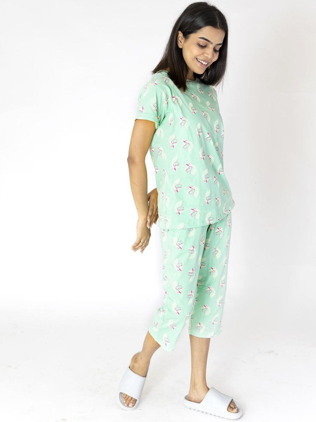 Buy LABEL MY Women Unicorn Print Cotton Capris Set Night Suit - Night ...
