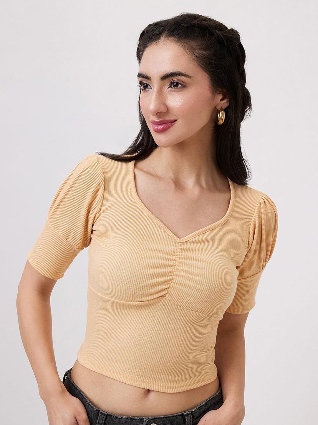 Buy SZN Women Beige Ribbed V Neck Puff Sleeve Crop Top - Tops for Women ...